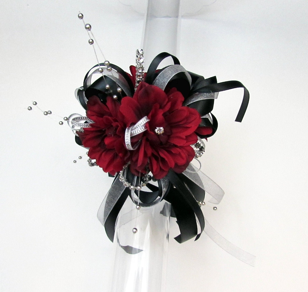 Black and Red Daisy Wrist Corsage With Bling, Boutonniere, Prom, HOCO ...