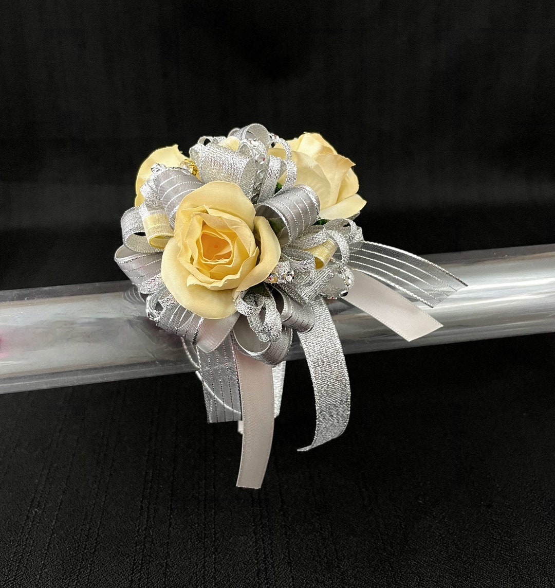 Pale Yellow and Silver Wrist Corsage, Yellow Boutonniere, Gray and ...