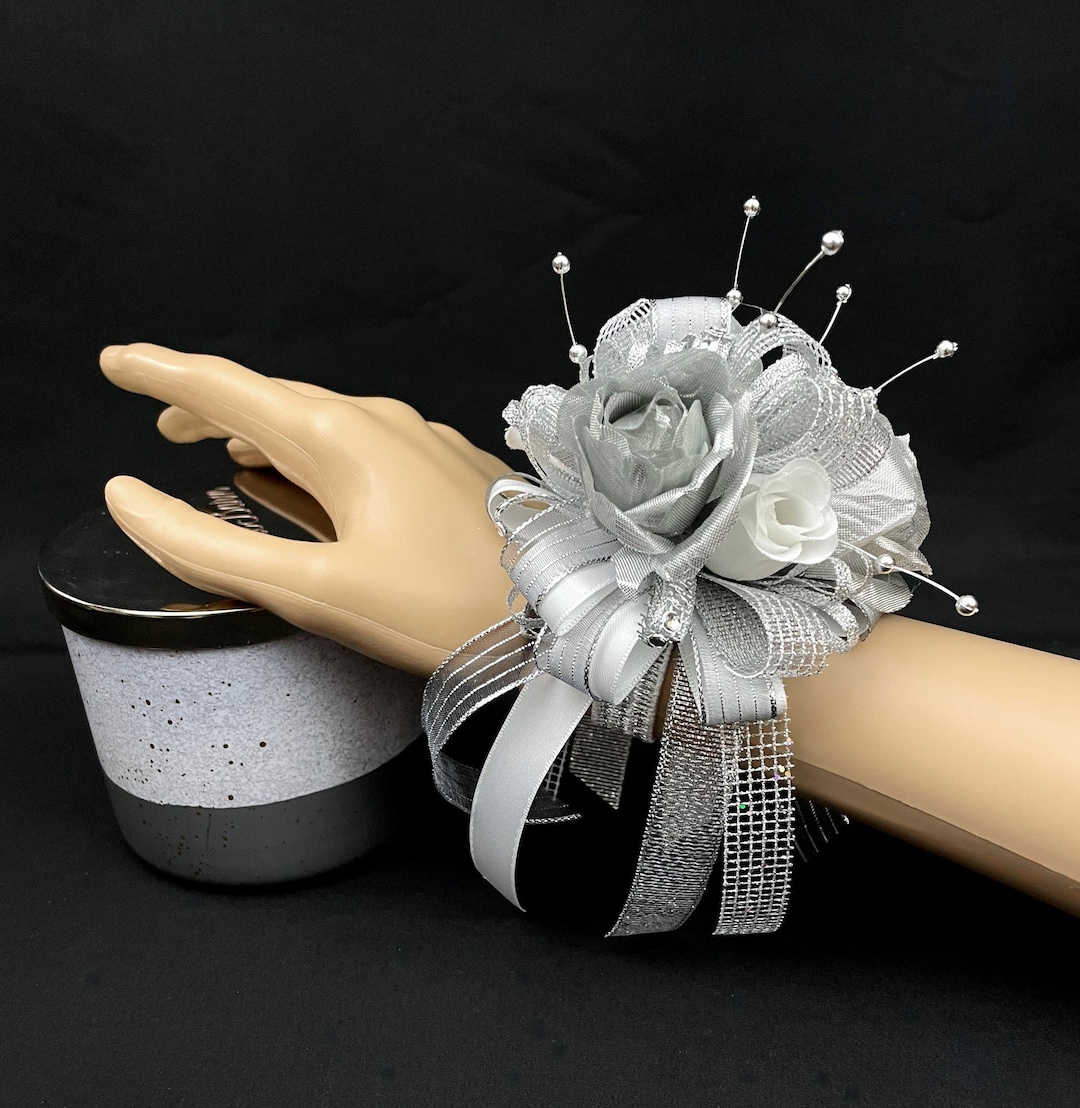 Silver and White Silk Rosebud Wrist Corsage or Boutonniere, Prom, HOCO ...
