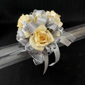 Pale Yellow and Silver Wrist Corsage, Yellow Boutonniere, Gray and ...