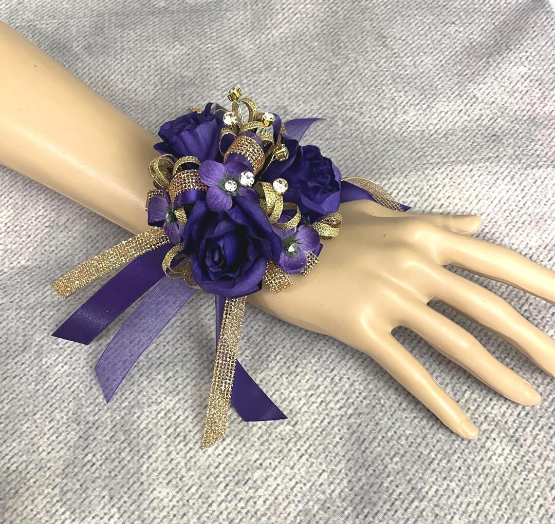 Deep Purple and Sparkly Gold Silk Wrist Corsage, HOCO, Prom, Formal ...