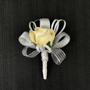 Pale Yellow and Silver Wrist Corsage, Yellow Boutonniere, Gray and ...
