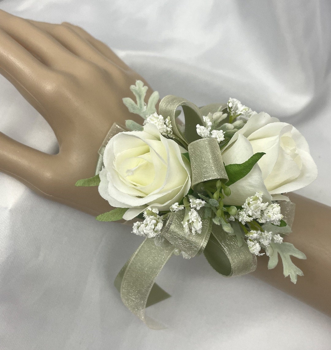 Sage Green and off White Silk Rosebud Corsage, Boutonniere, Wedding ...