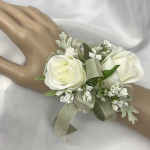 Sage Green and off White Silk Rosebud Corsage, Boutonniere, Wedding ...