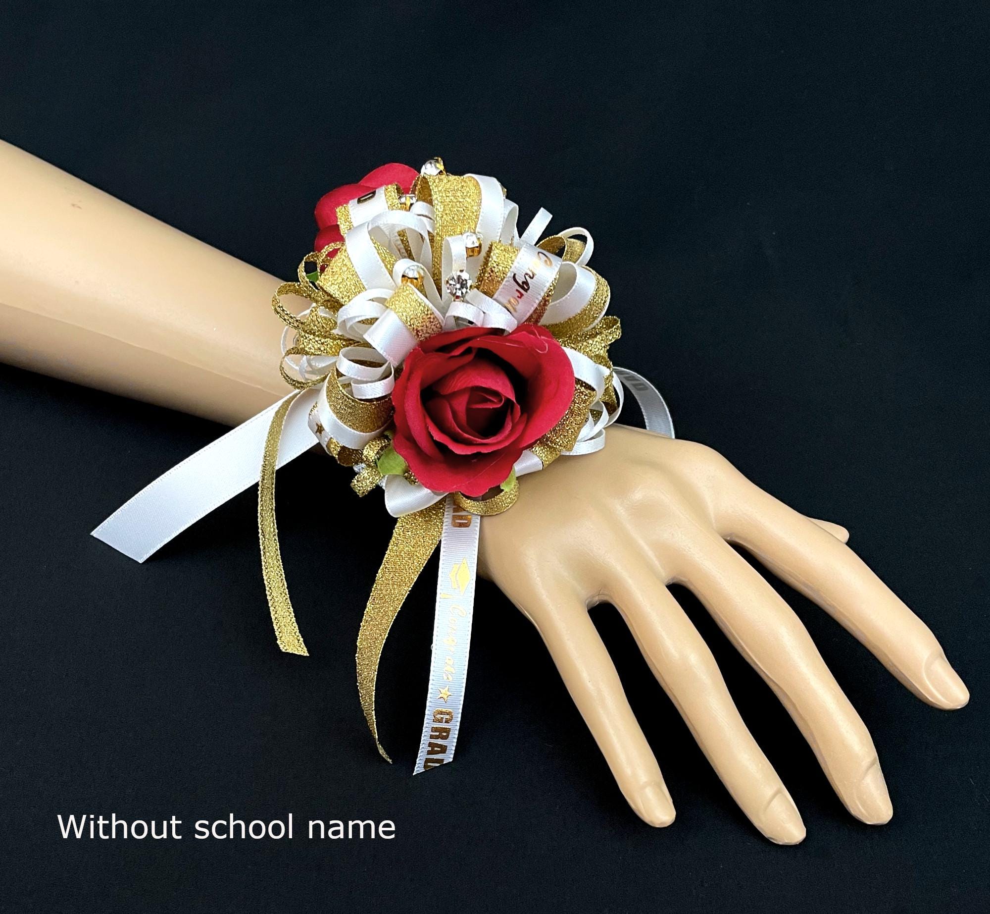 Graduation Wrist Corsage, White and Metallic Gold, School Colors, Class ...
