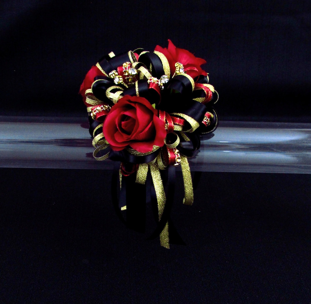 Red Black and Gold Wrist Corsage or Boutonniere, Prom, HOCO, Formal ...