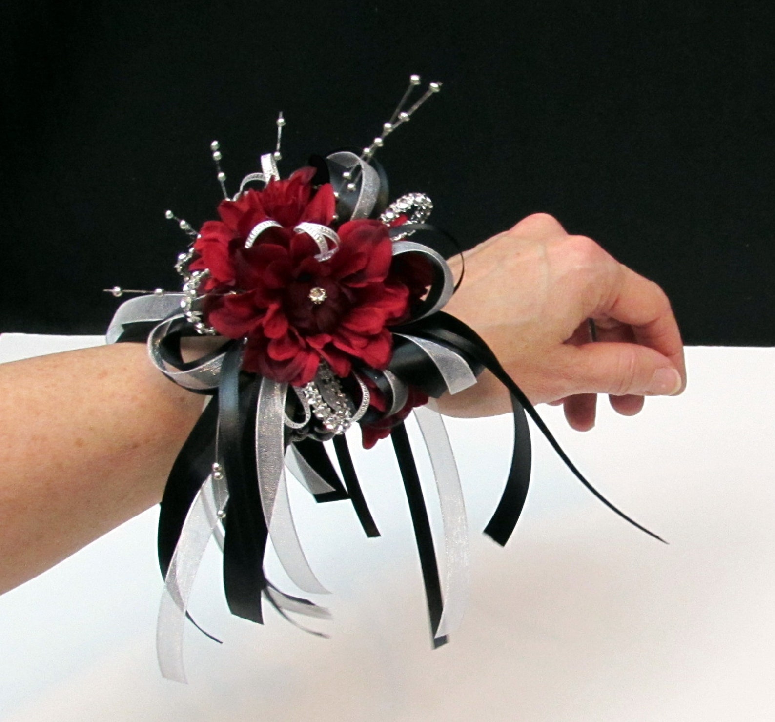 Black and Red Wrist Corsage With Rhinestones or Boutonniere - Etsy