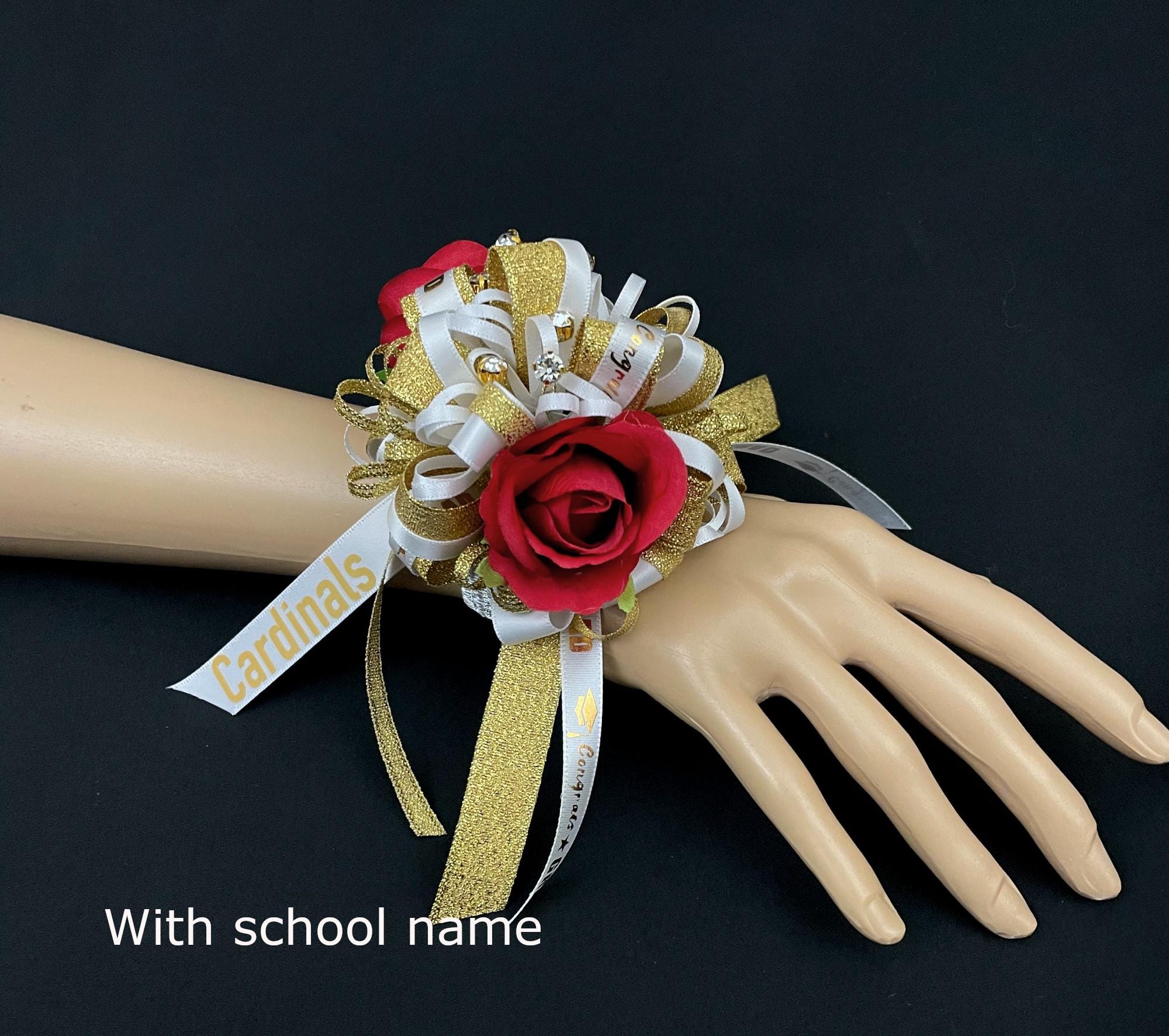 Graduation Wrist Corsage, White and Metallic Gold, School Colors, Class ...
