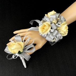 Pale Yellow and Silver Wrist Corsage, Yellow Boutonniere, Gray and ...