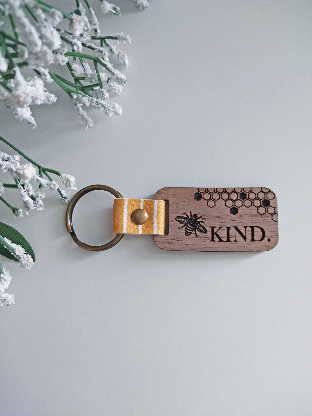 Be Kind / Bee Kind Wooden Leather Key Ring in Gold / Black / Yellow ...