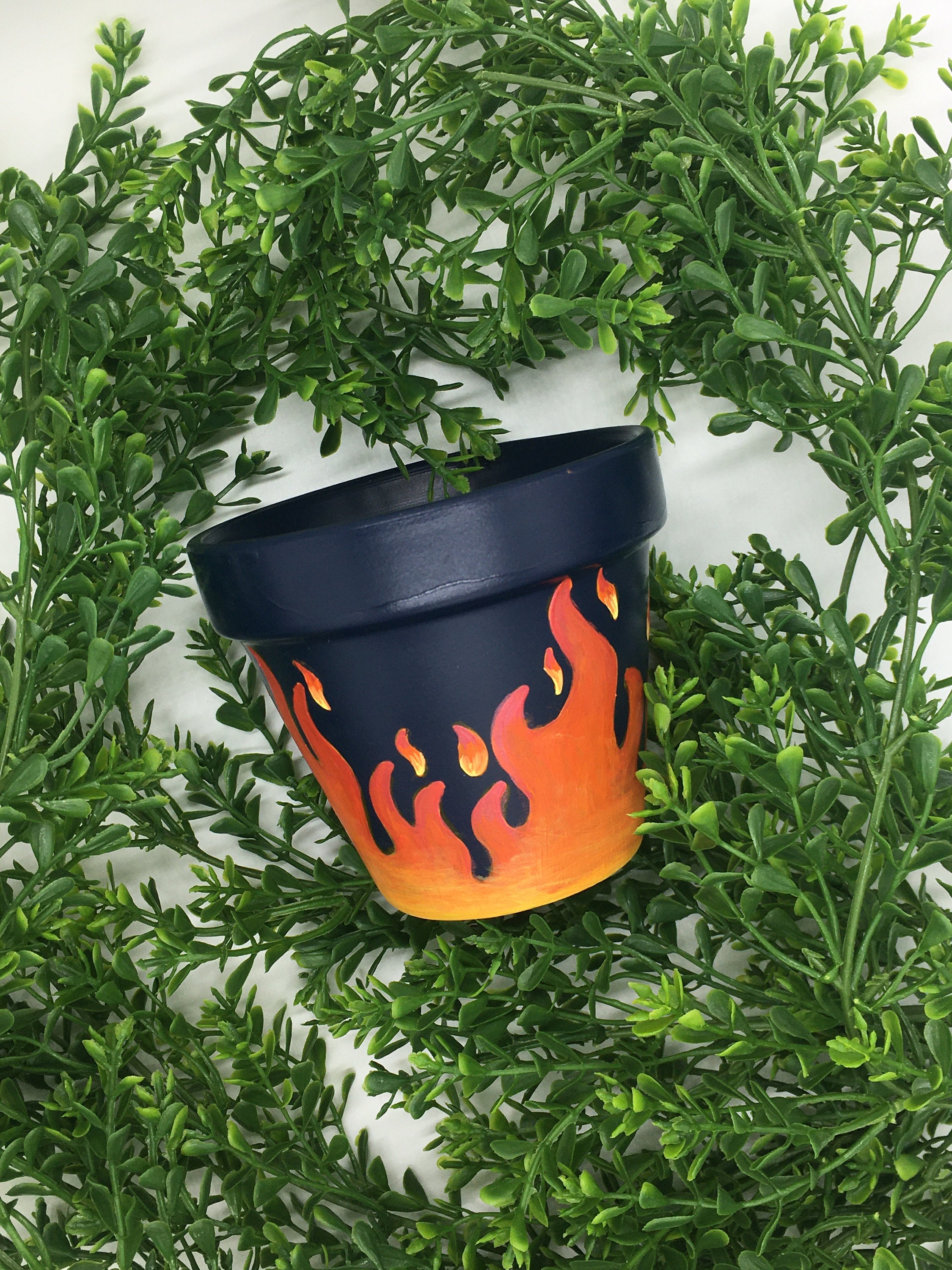 Hand Painted Planter Flames Flower or Succulent Pot With Drainage Plant ...