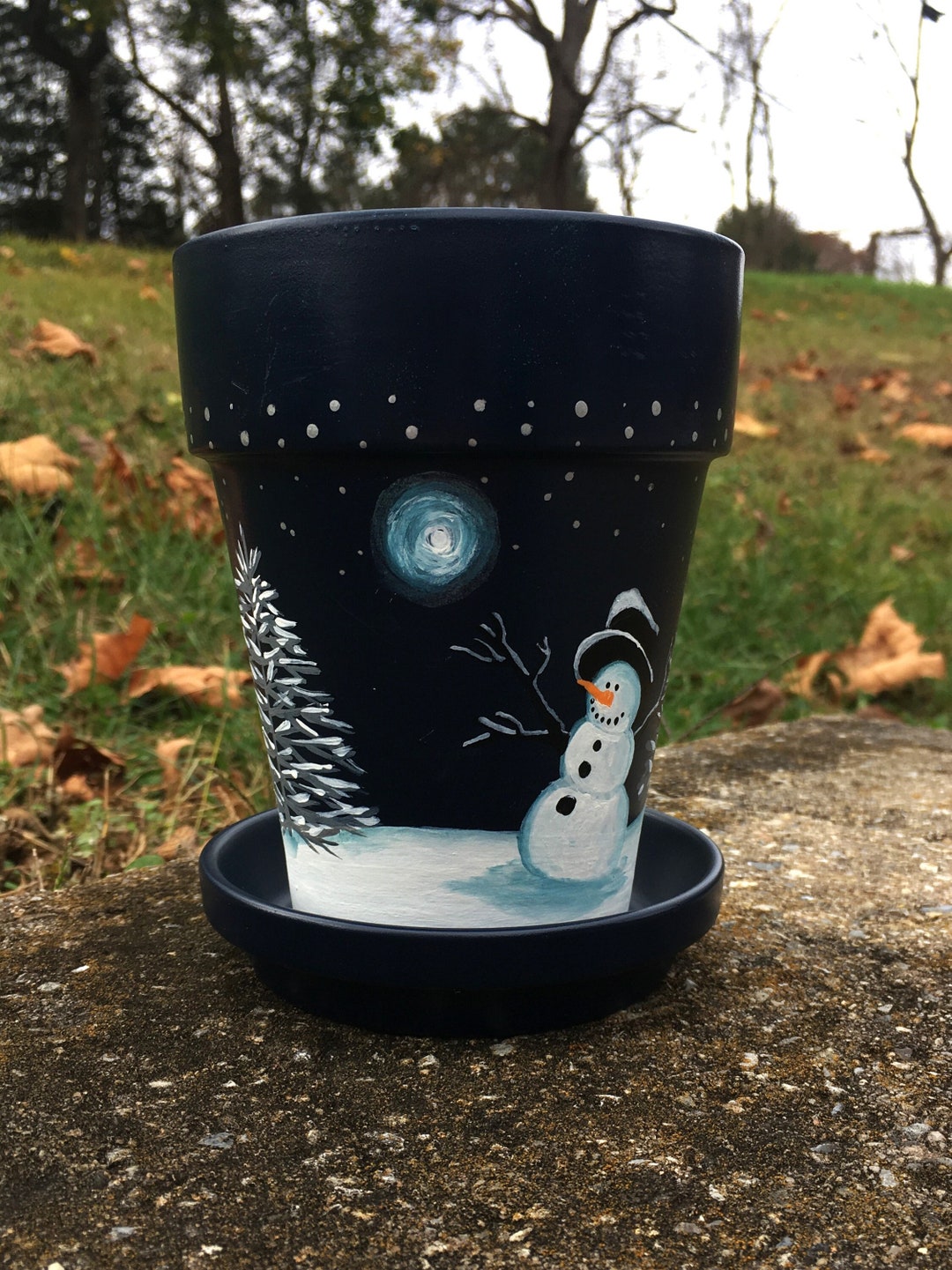 Hand Painted Winter's Night Planter - Snowman and Streetlight - Home ...