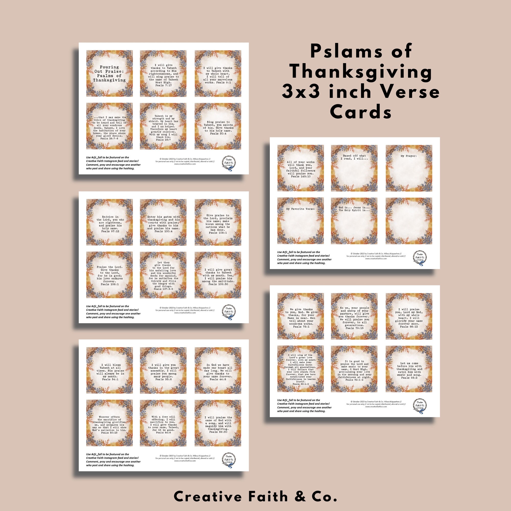 Psalms of Thanksgiving Printable Verse Cards 3x3 Inches Fall Florals ...