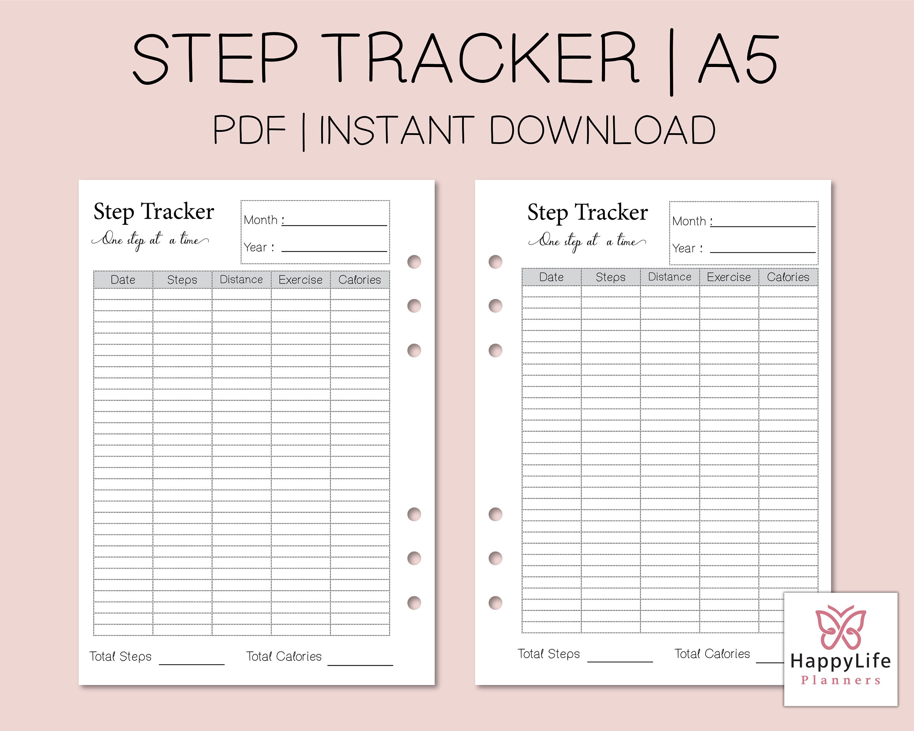 Step Log | A5 Printable Planner Inserts | Health Journal Template ...