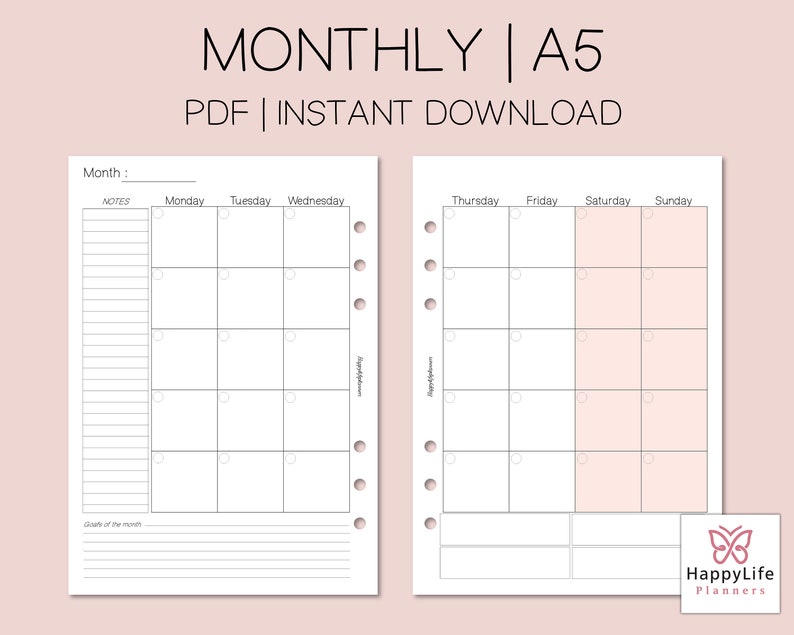 Monthly Planner | A5 Printable Inserts | Monthly Organizer Template ...