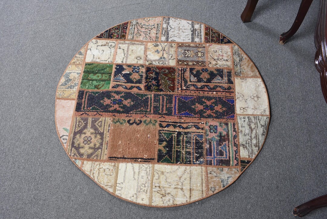 Vintage Rug, Patchwork Rug, 3x3 Round Rugs, Turkish Rug, Oushak Rug ...