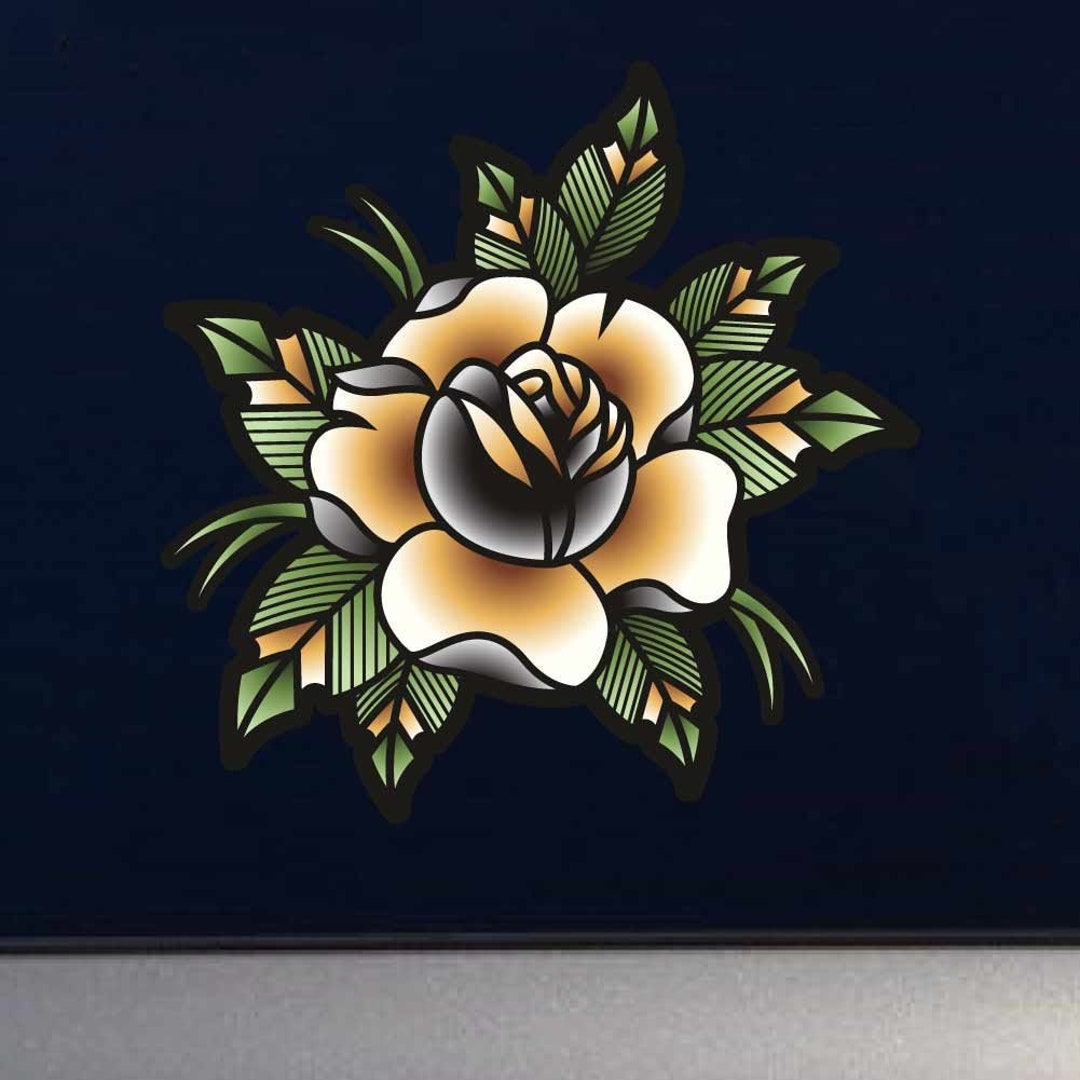 White and Yellow Tattoo Style Rose - Indoor Outdoor Vinyl Decal - Etsy