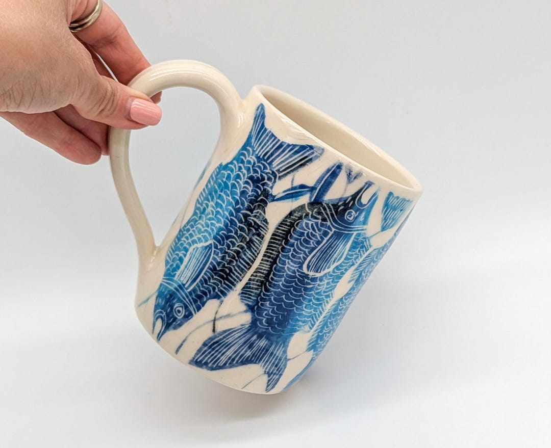 Pottery Mug 550 Ml 700 Ml With a Fish Pattern Handmade Ceramic ...