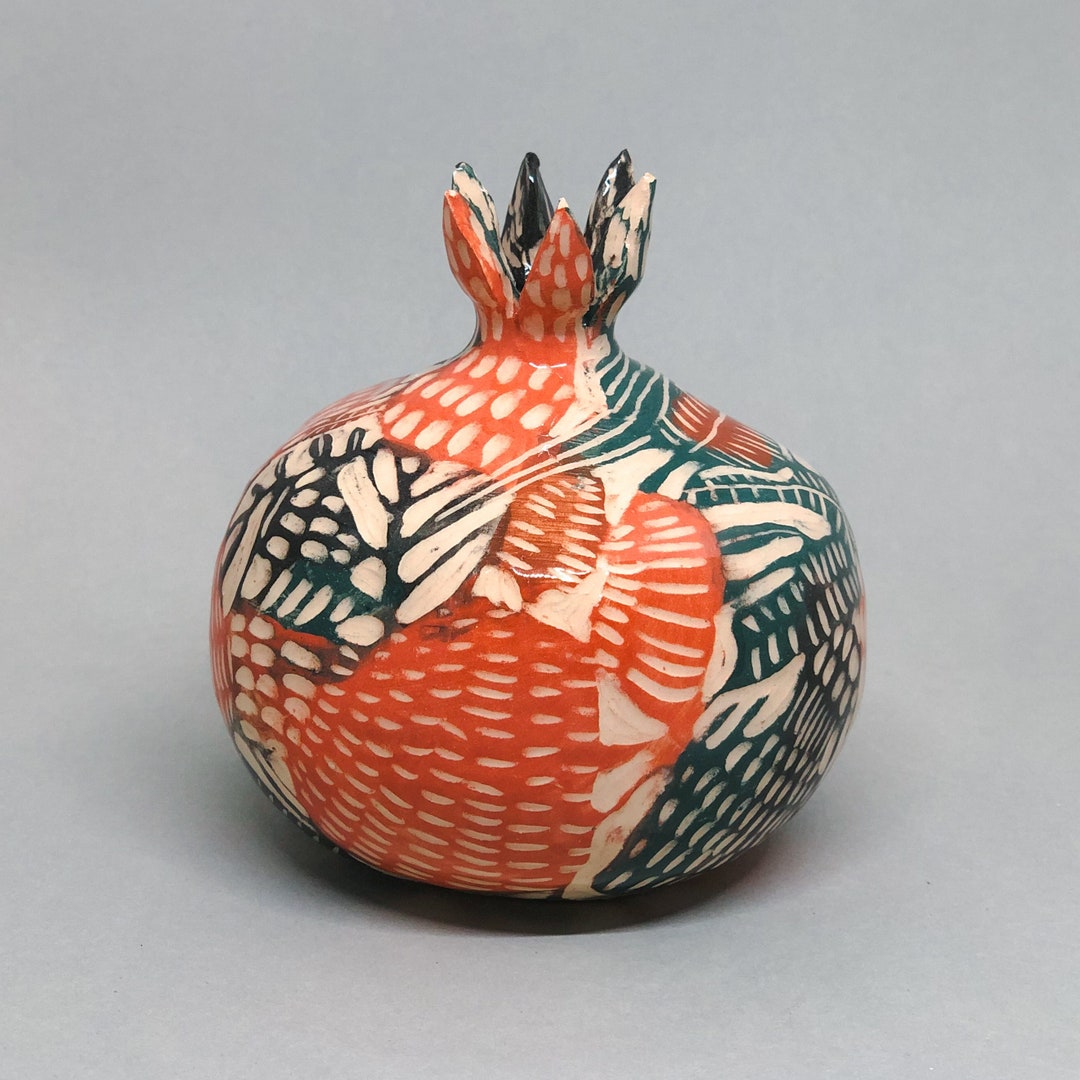 Ceramic Fruit Ceramic Pomegranate 10 Cm Sgraffito Hand Painted Made in ...