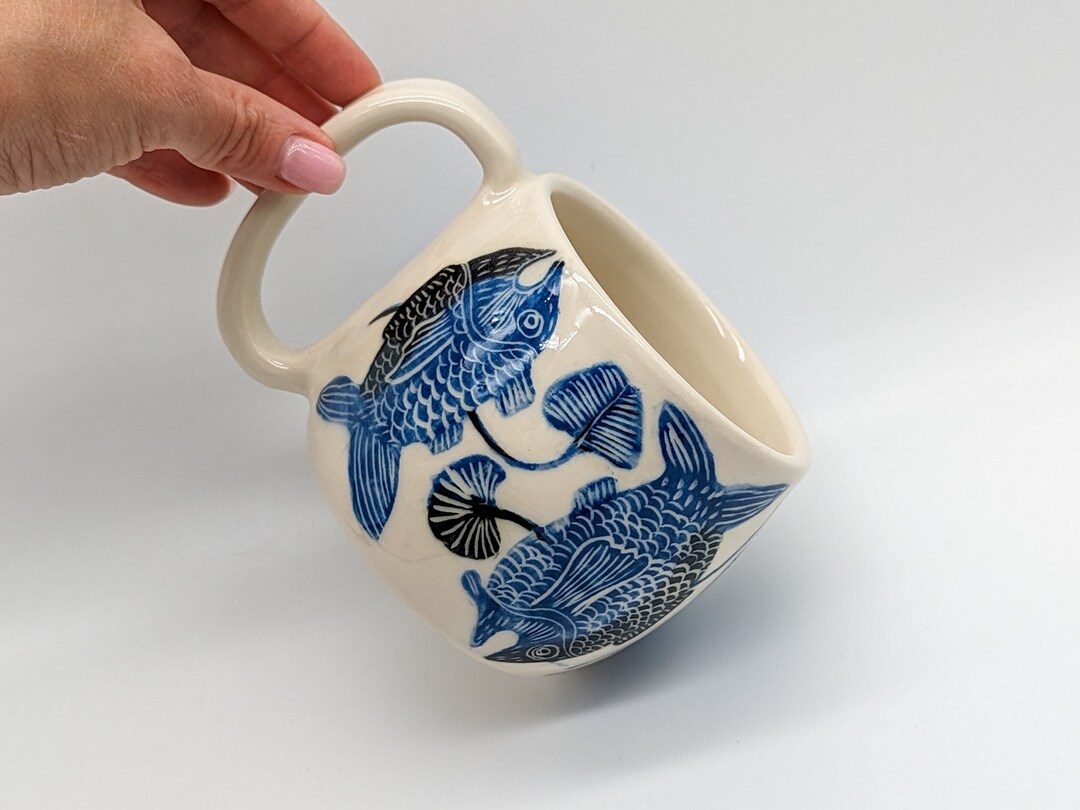 Handmade Ceramic Mug – Fish Pattern, 12 Oz Sgraffito Mug Pottery, Gift ...