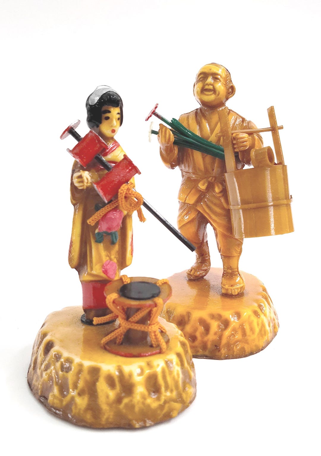 Vintage Japanese Celluloid Figurines Musician Flower Seller Asian Folk ...