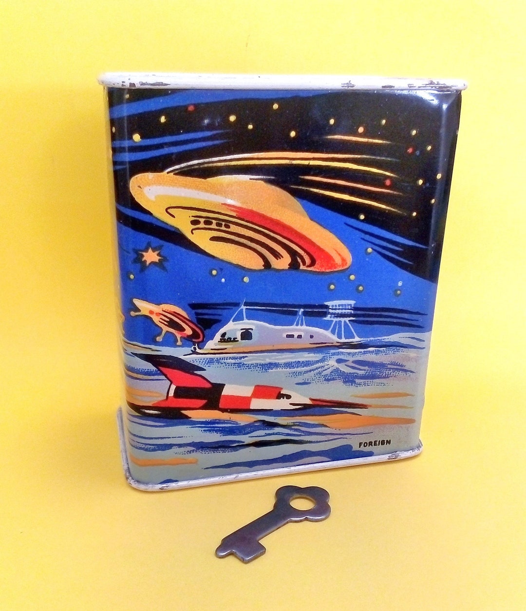 Vintage Tinplate Space Robot Space Rocket Money Box Tin Litho Money ...