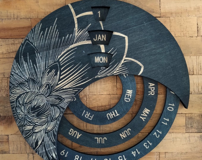 Wooden Hand Crafted Perpetual Calendar Yearly Rotating Day Date Month ...