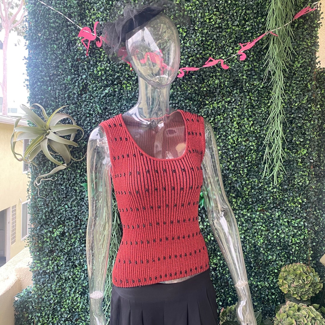 Vintage Ribbed Knitted Metallic Red Beaded Tank Top - Etsy