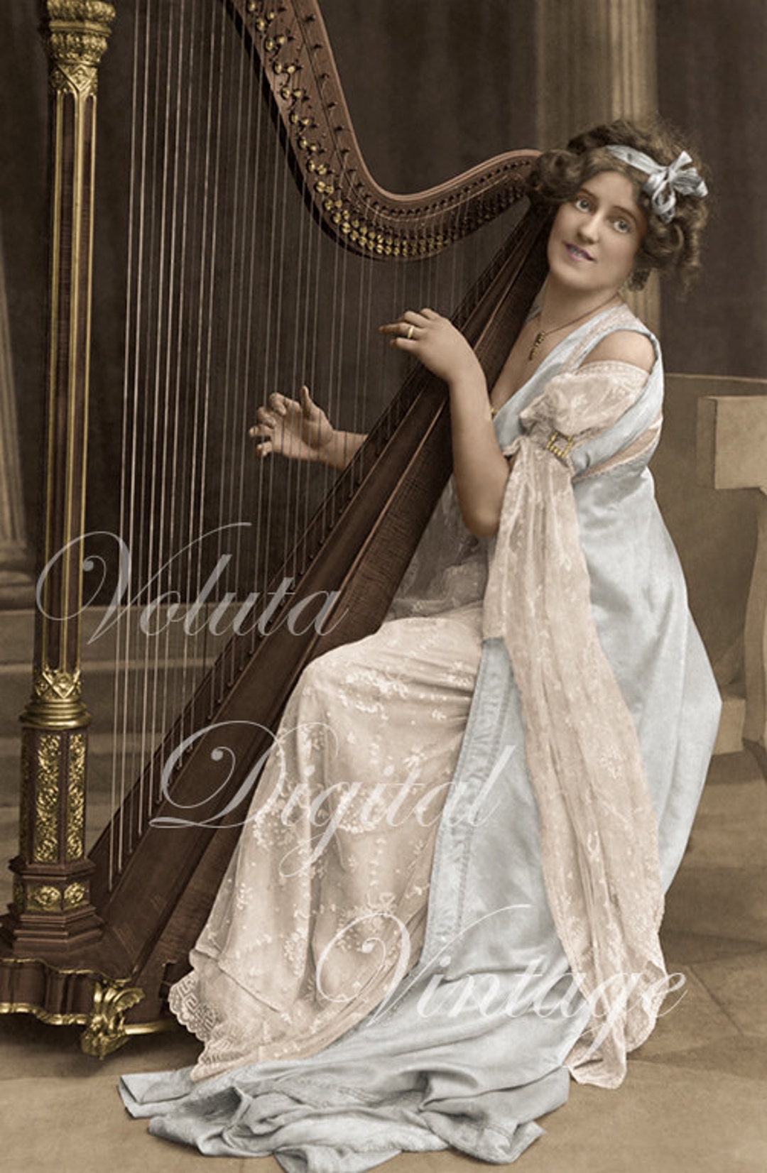 Lovely Woman Playing the Harp. Digital Download - Edwardian Vintage ...