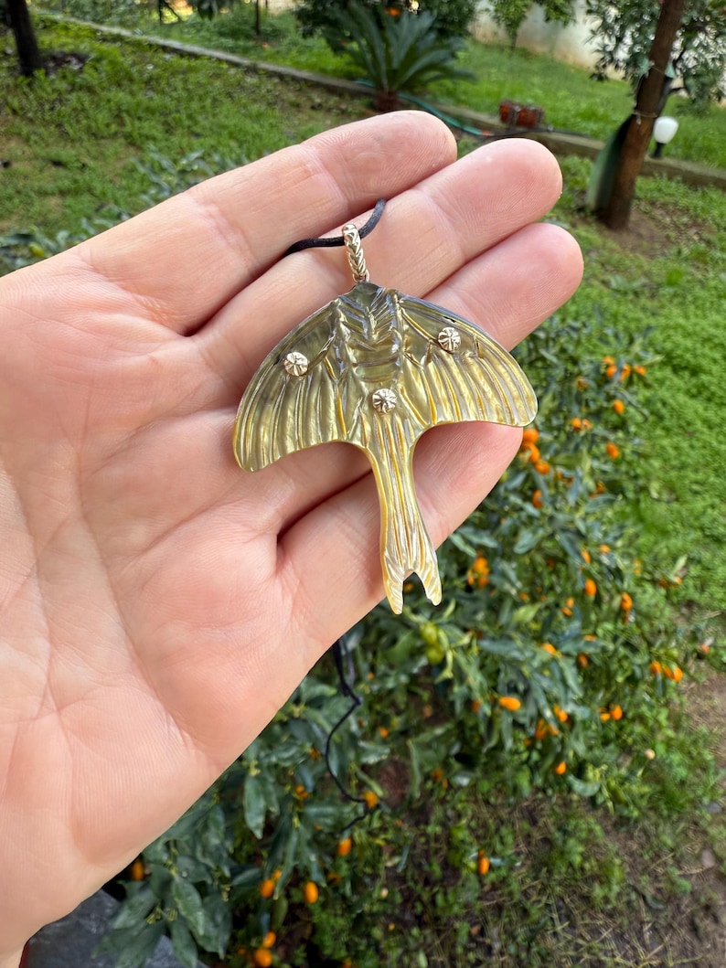 Carved Multi Colors MOP Luna Moth Pendant: 14k Gold, Sapphires, Diamond ...