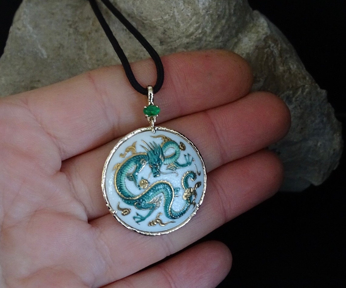 Rare Toshikane Green Dragon 14k Yellow Gold , 925 Silver Pendant With ...