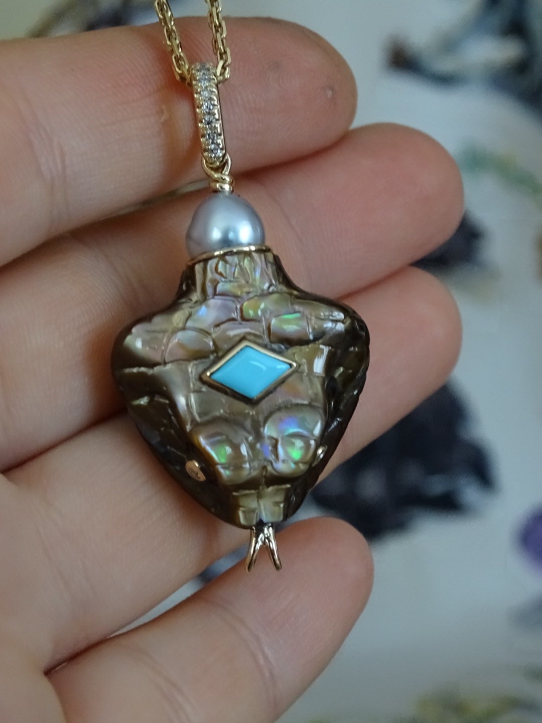 Carved Penguin Wing Oyster Shell Snake Head 14k Gold Pendant - Etsy