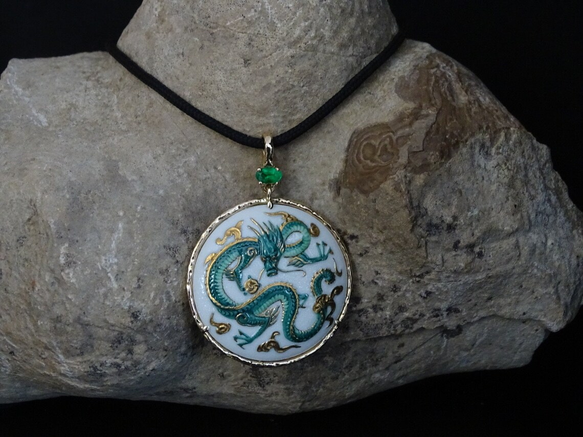 Rare Toshikane Green Dragon 14k Yellow Gold , 925 Silver Pendant With ...