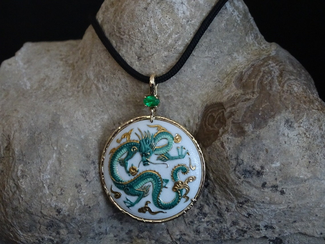 Rare Toshikane Green Dragon 14k Yellow Gold , 925 Silver Pendant With ...