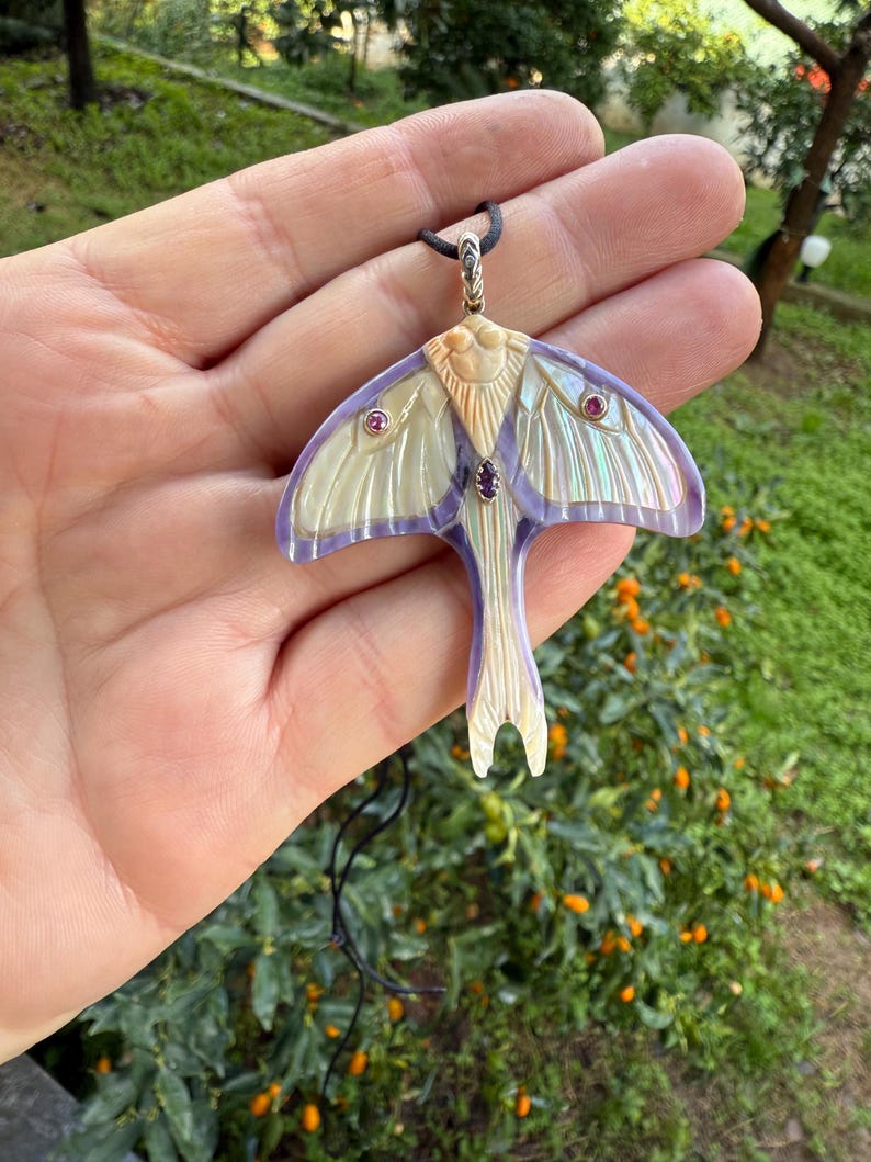 Carved Multi Colors MOP Luna Moth Pendant: 14k Gold, Sapphires, Diamond ...