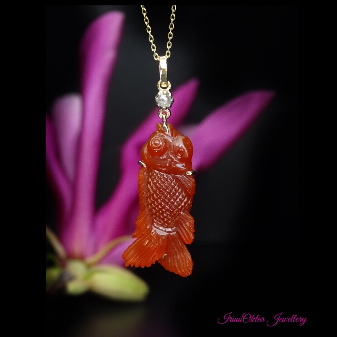 Rare 18,24 Ct Koi Fish Carving Natural Orange Agate 14k Gold Pendant ...
