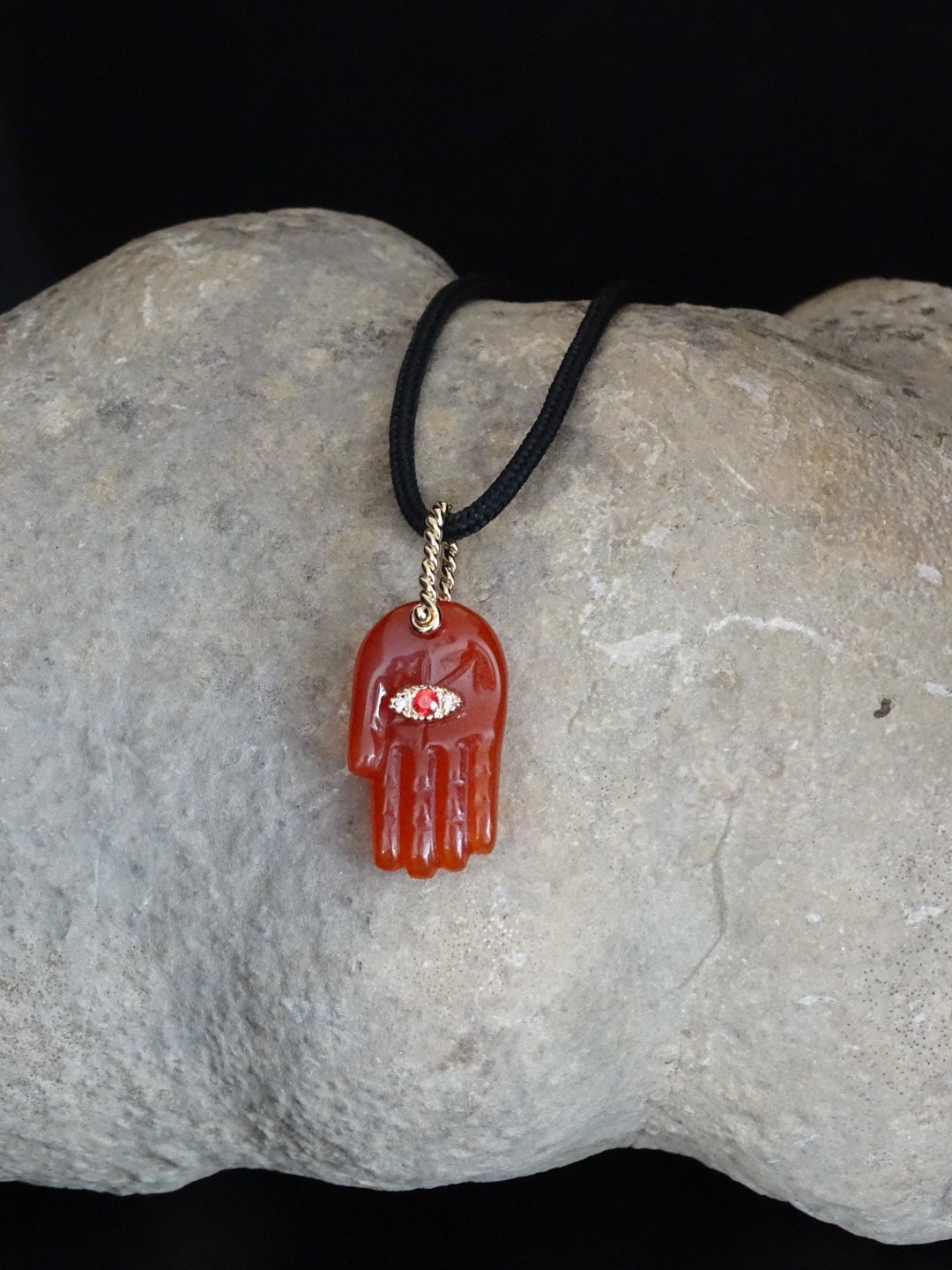 Carved Red Carnelian Hamsa Hand 14k Yellow Gold Charm With Genuine ...