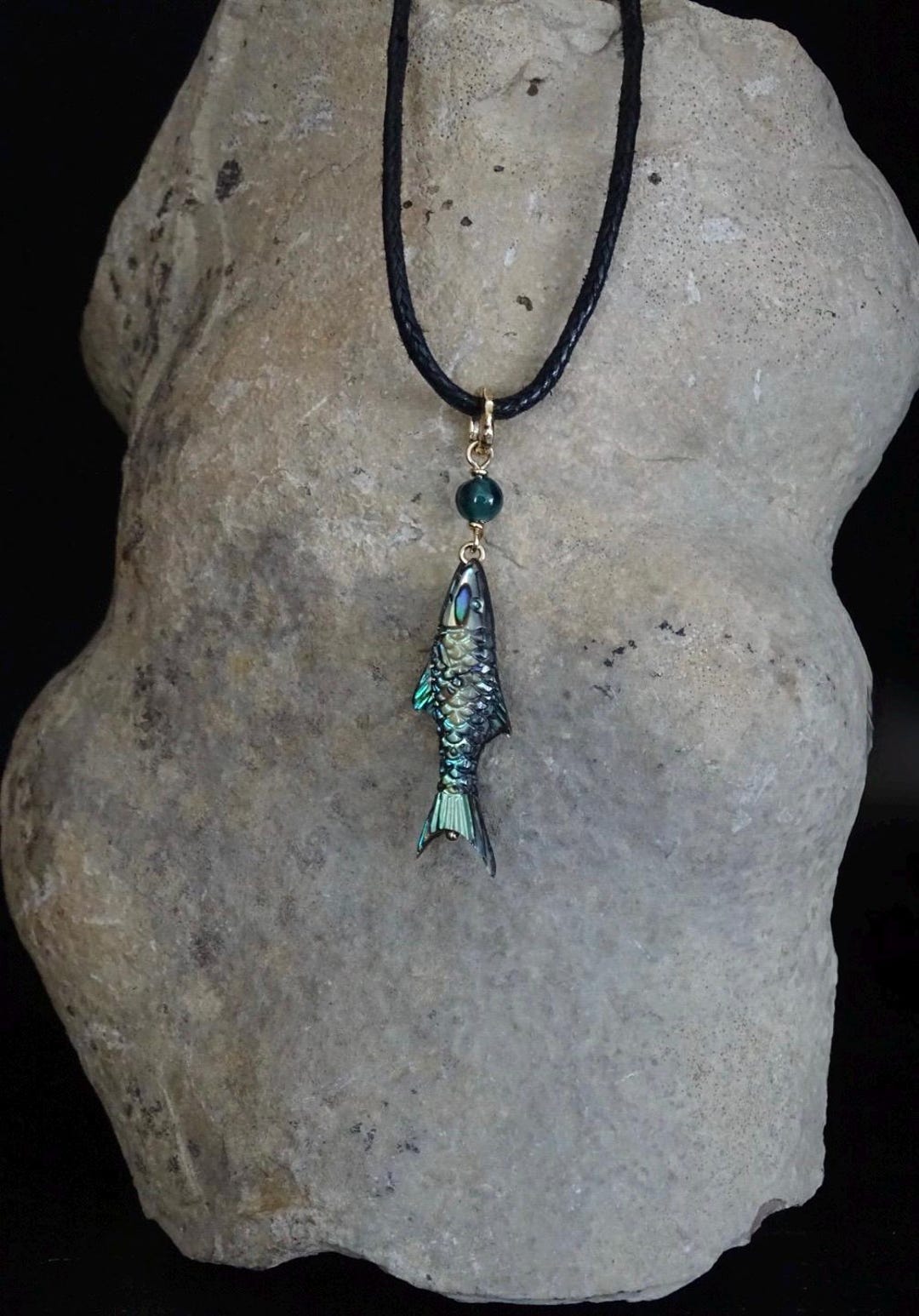 Carved Abalone Shell , Black MOP Fish Pendant: 14k Gold, Grandidierite ...