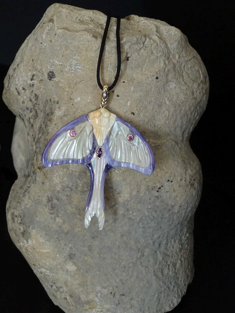 Carved Multi Colors MOP Luna Moth Pendant: 14k Gold, Sapphires, Diamond ...