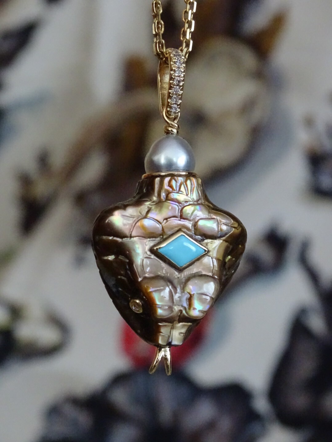 Carved Penguin Wing Oyster Shell Snake Head 14k Gold Pendant, Diamonds ...