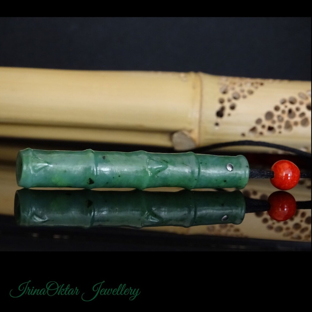 Natural Green Nephrite Jade Bamboo Carving Pendant With Red Coral Beads ...
