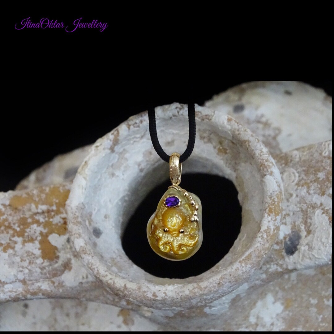 Handmade 14k Gold Octopus Pendant: Mother-of-pearl Carving, South Sea ...