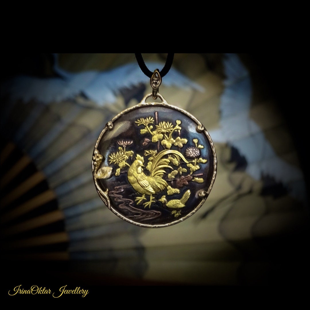 Antique Japanese Shakudo 14k Yellow Gold, 925 Siver Pendant With ...