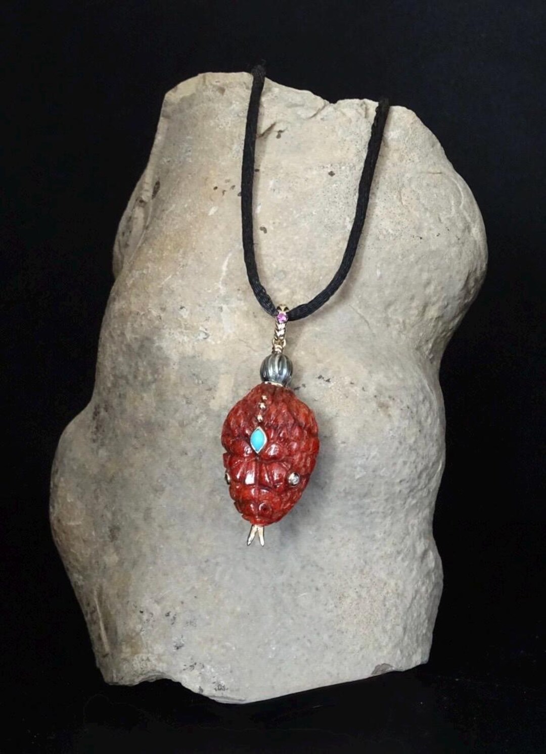 Carved Snake Head Pendant – Sponge Coral, Turquoise , Diamonds, Ruby ...
