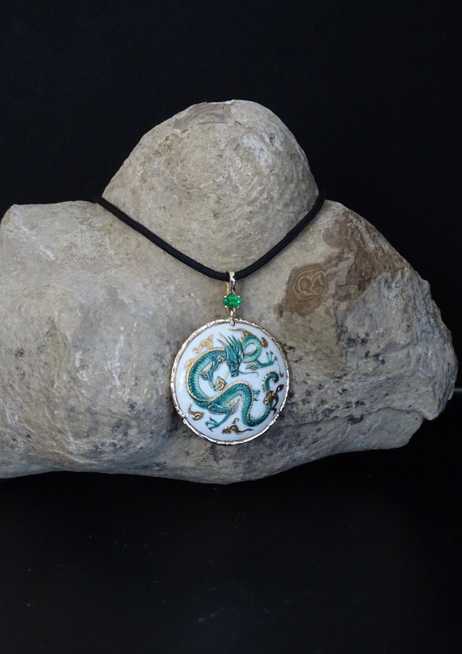 Rare Toshikane Green Dragon 14k Yellow Gold , 925 Silver Pendant With ...