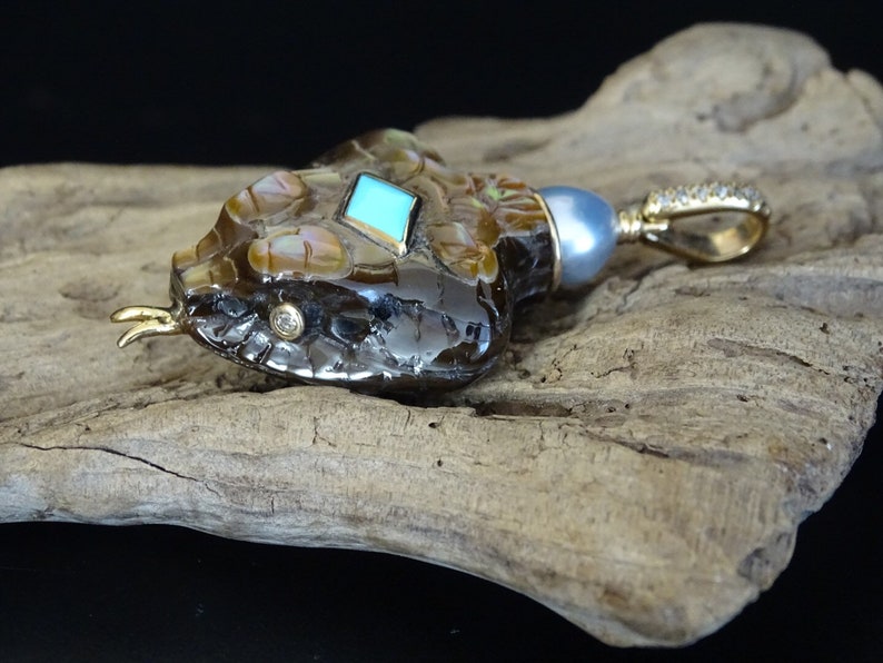 Carved Penguin Wing Oyster Shell Snake Head 14k Gold Pendant - Etsy