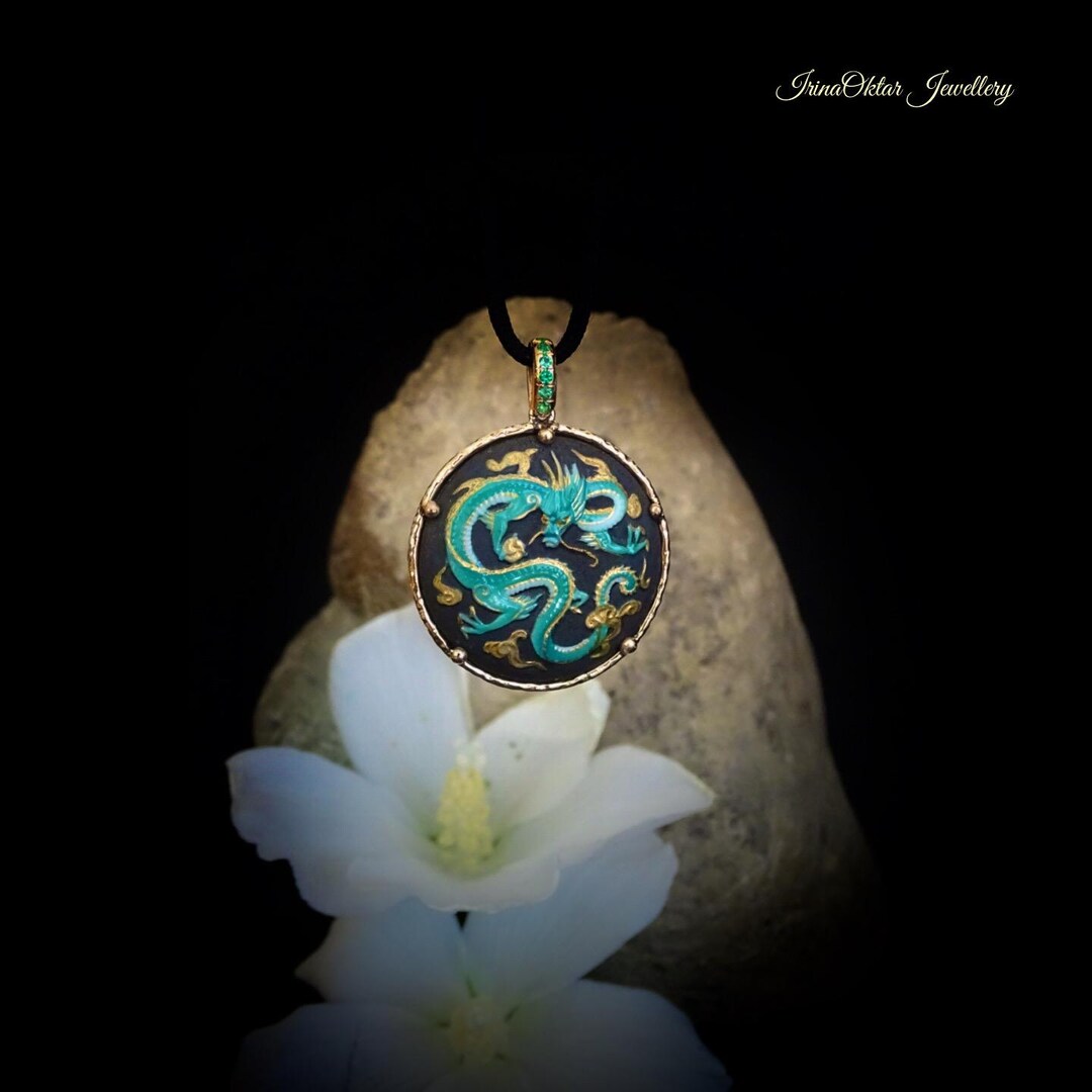 Rare Toshikane Green Dragon 14k Yellow Gold , 925 Silver Pendant With ...