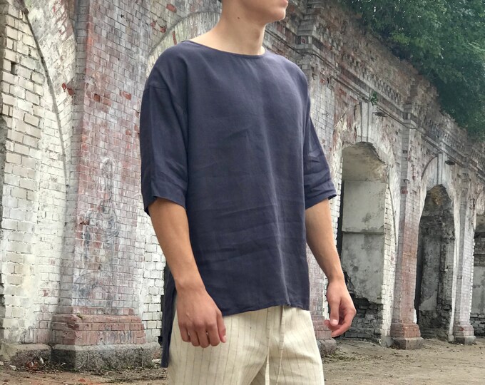 Mens Tunic Shirt Linen, Asymmetric Shirt Men, Loose Fit Shirt W Sleeves ...