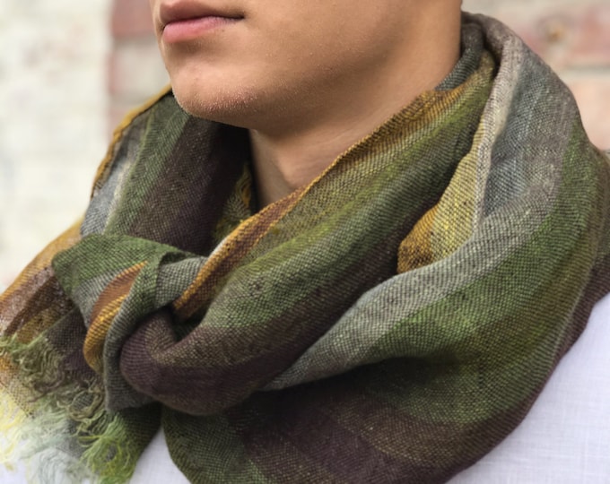 Men Scarf, Linen Scarf for Men, Green Brown Lightweight Scarf, Striped ...