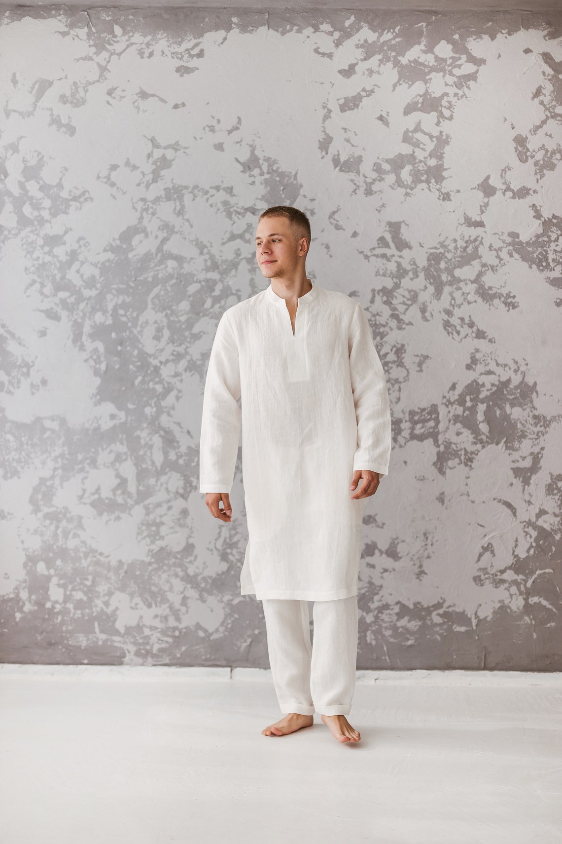 White Men Tunic Shirt Men Linen Kaftan White Long Linen - Etsy